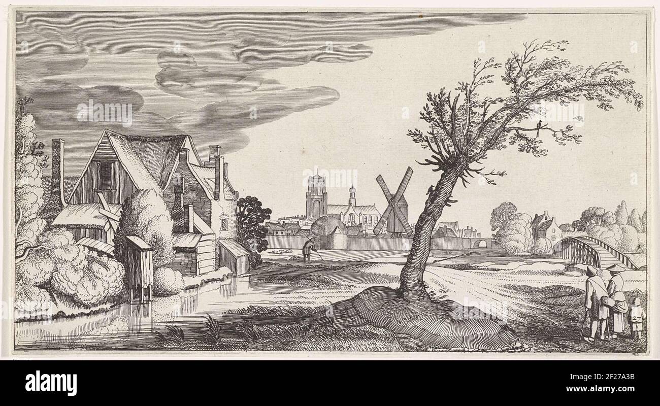 A (beggar) family at a tree and a house on a ditch. The man walks with ...