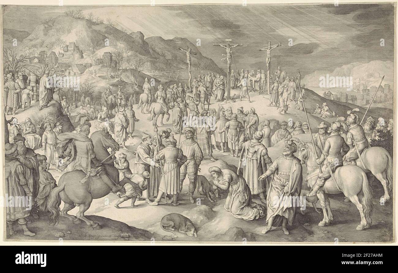 Christ on the Cross, between the two crucified thieves. A soldier ...