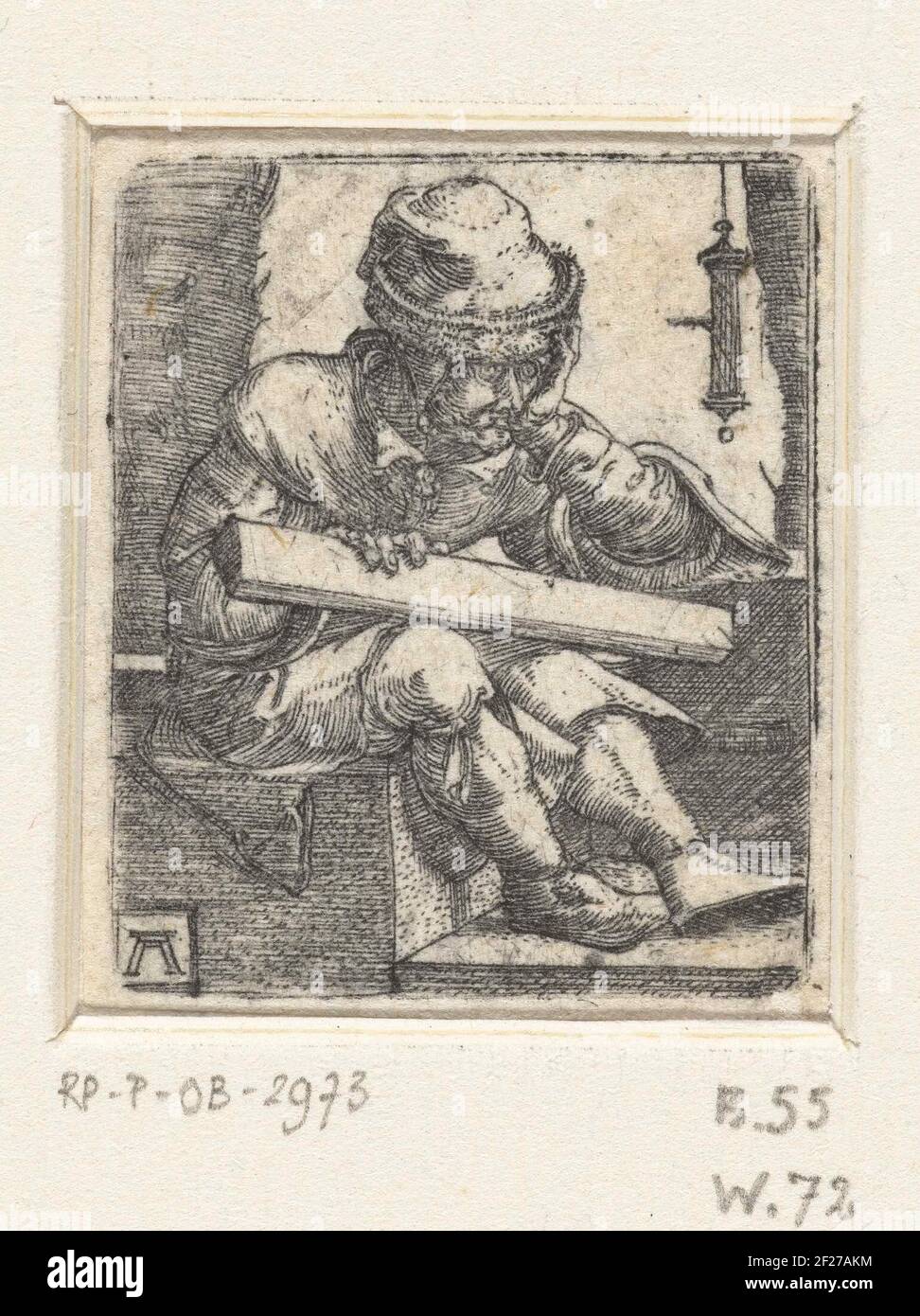 Carpenter; Thinking man. A carpenter, sitting with a beam on his lap ...