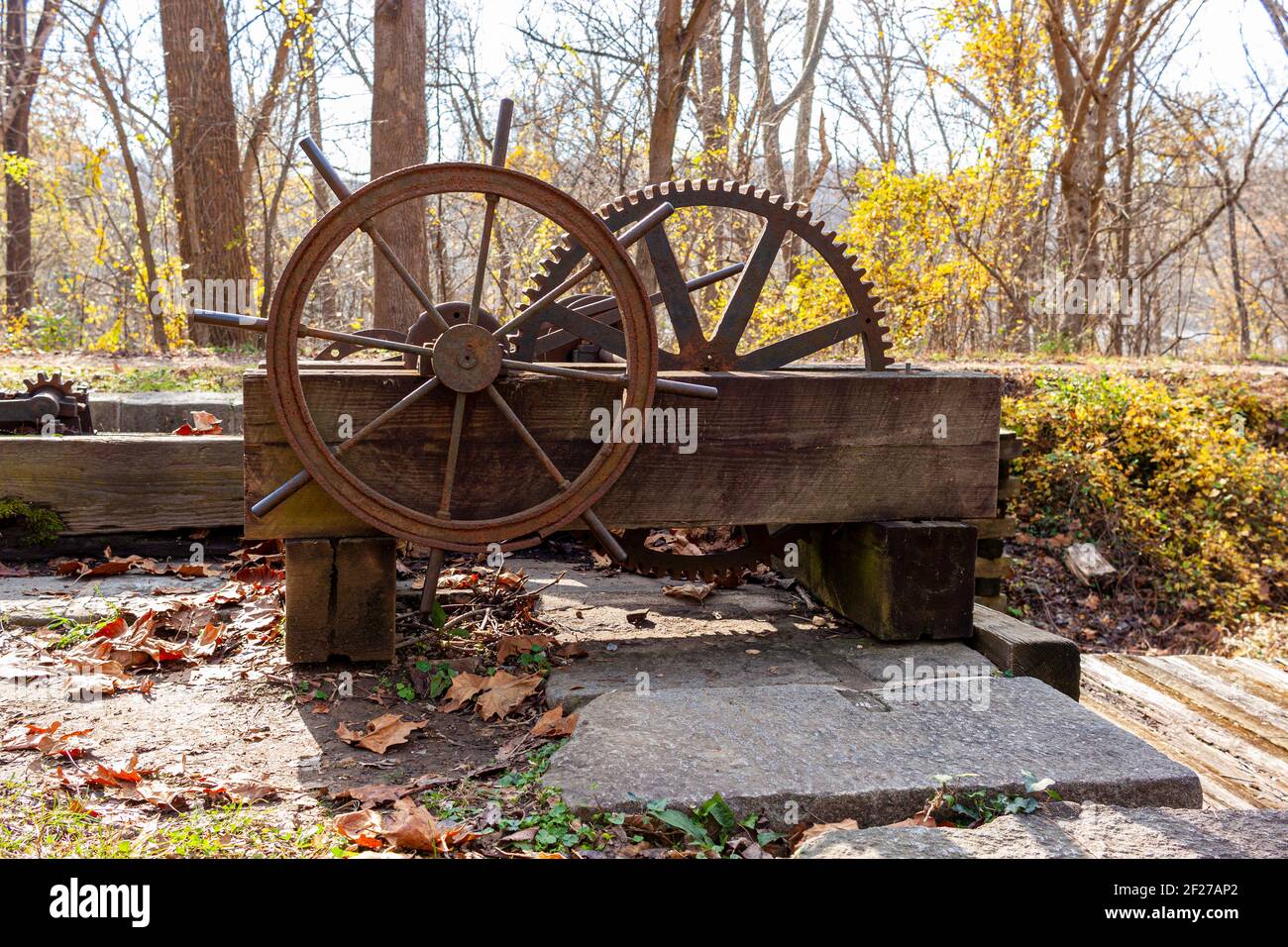 The rusty historic lock system consisting of a hand operated group of ...
