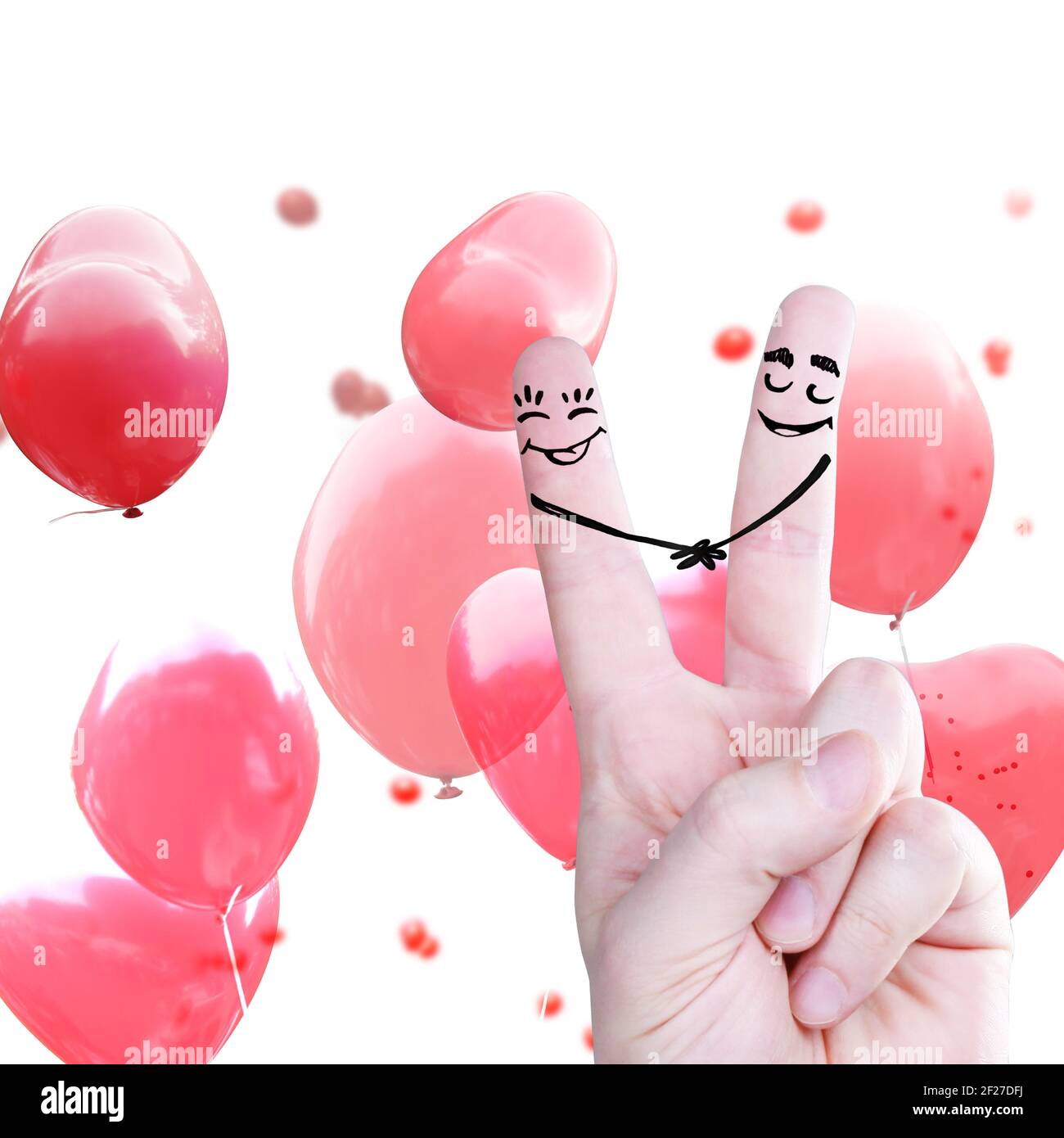 Happy finger couple in love with heart shaped air balloon. 3d ...