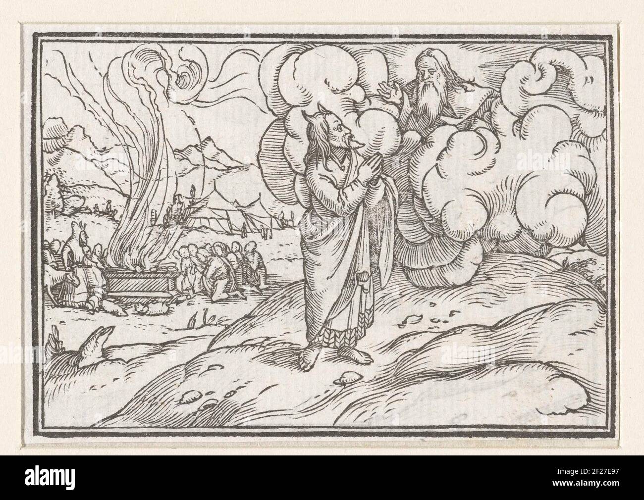 Moses learns from God how to sacrifice the Israelites. Moses kneels on ...