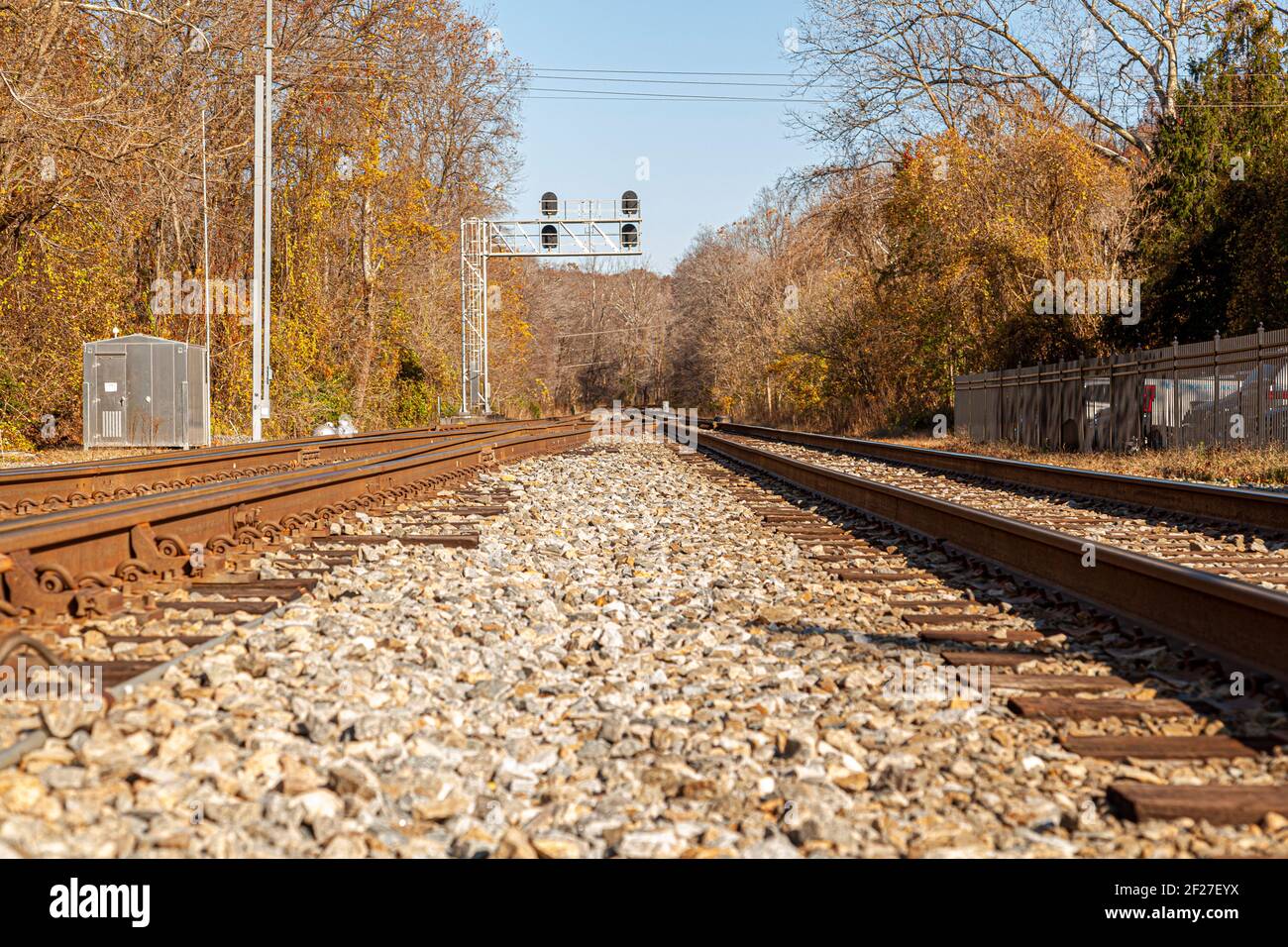 Low angle nostalgic image of two railroad tracks going into the woods ...
