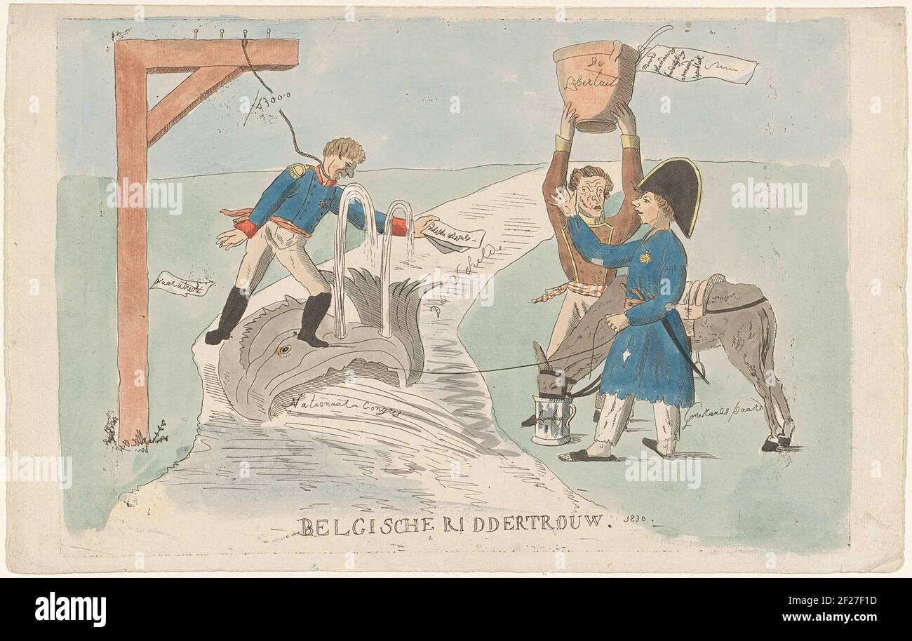 Belgische Riddertrouw. 1830.Cartoon on Belgian generals Dainen and ...