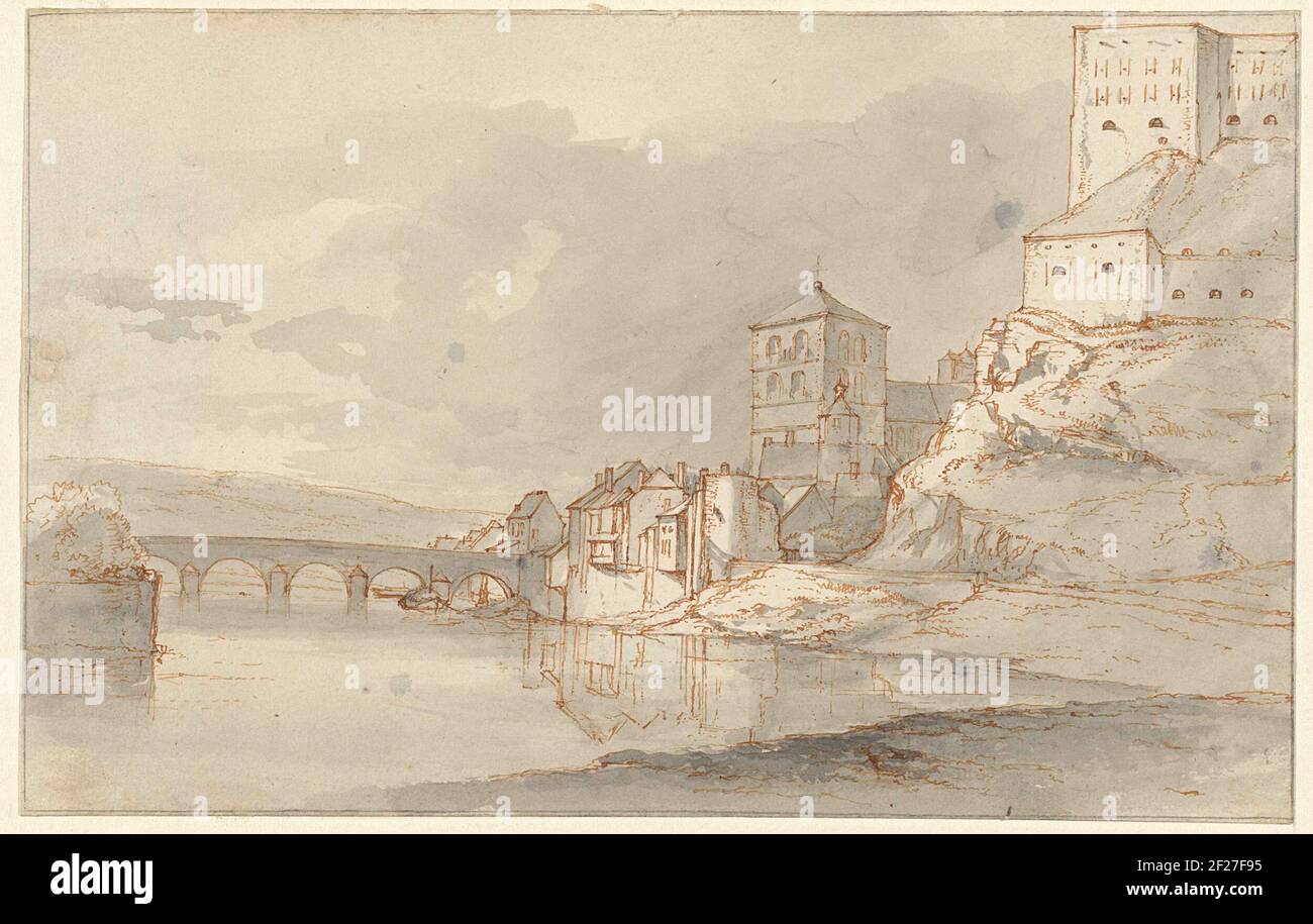 River face with arch bridge and fortifications on the right bank Stock ...