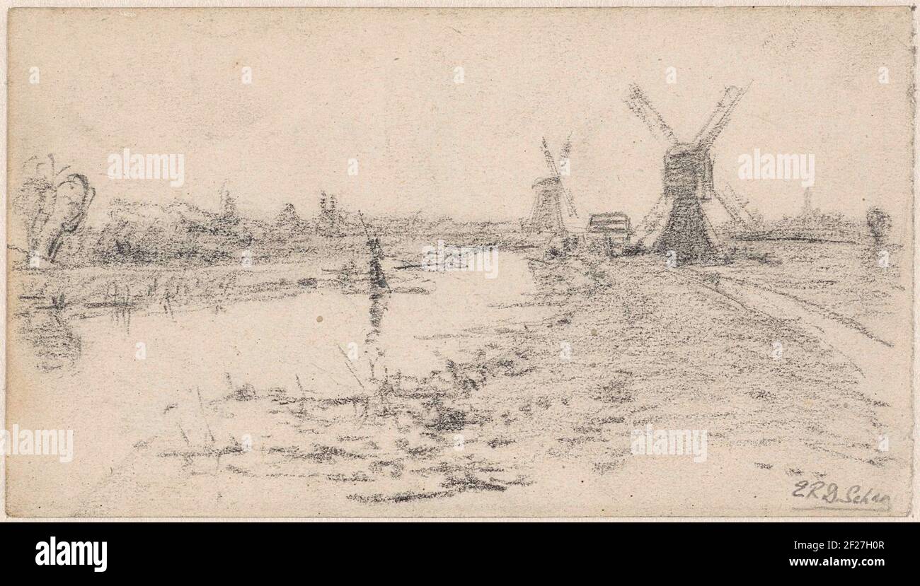 Landscape with river and two mills Stock Photo - Alamy