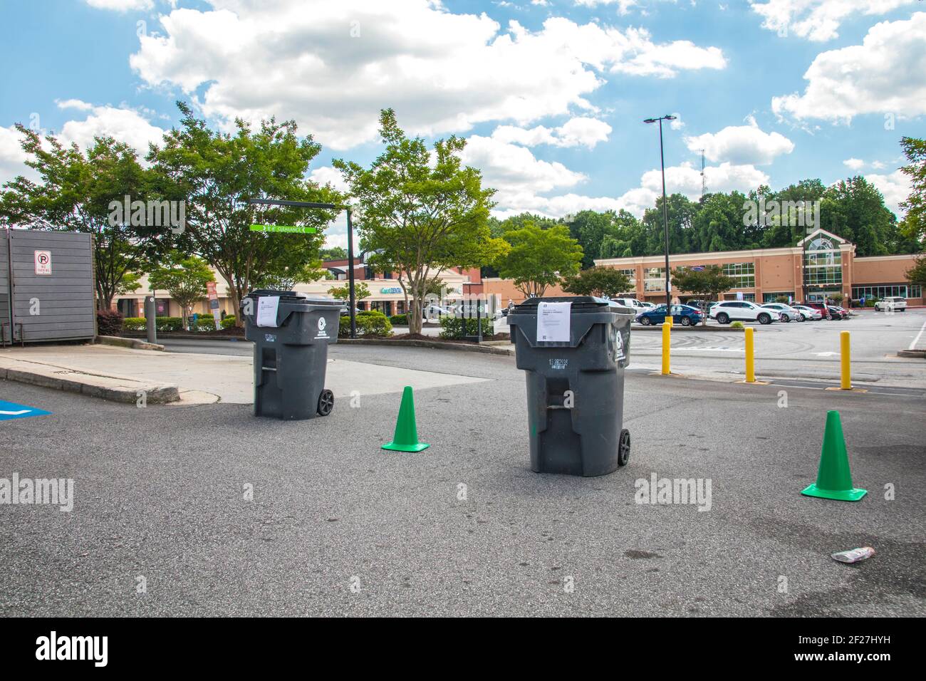 Atlanta, Ga / USA - 05 31 20: Trash cans and cones block off Starbucks ...
