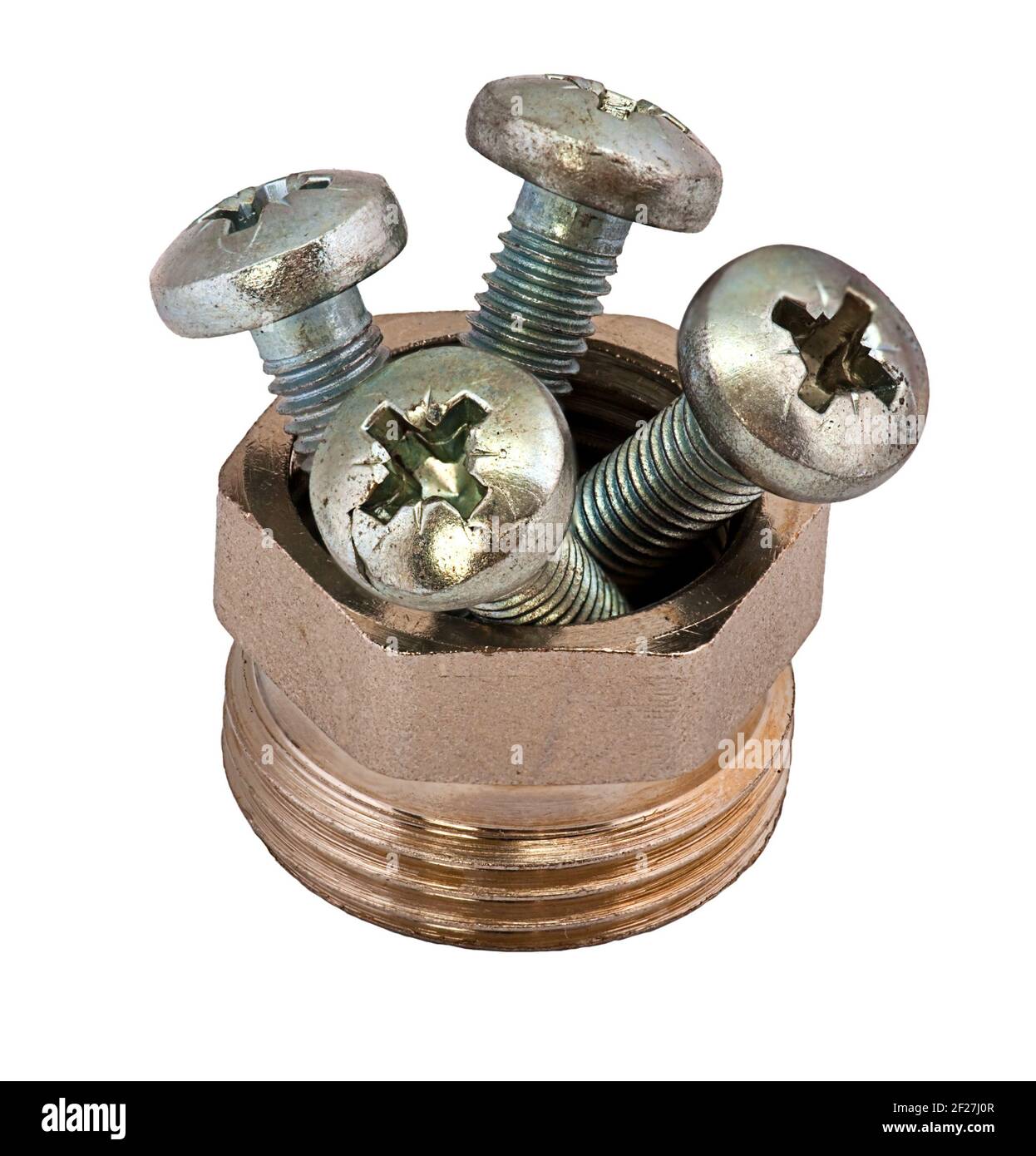 Four screws in big nut on a white background Stock Photo - Alamy