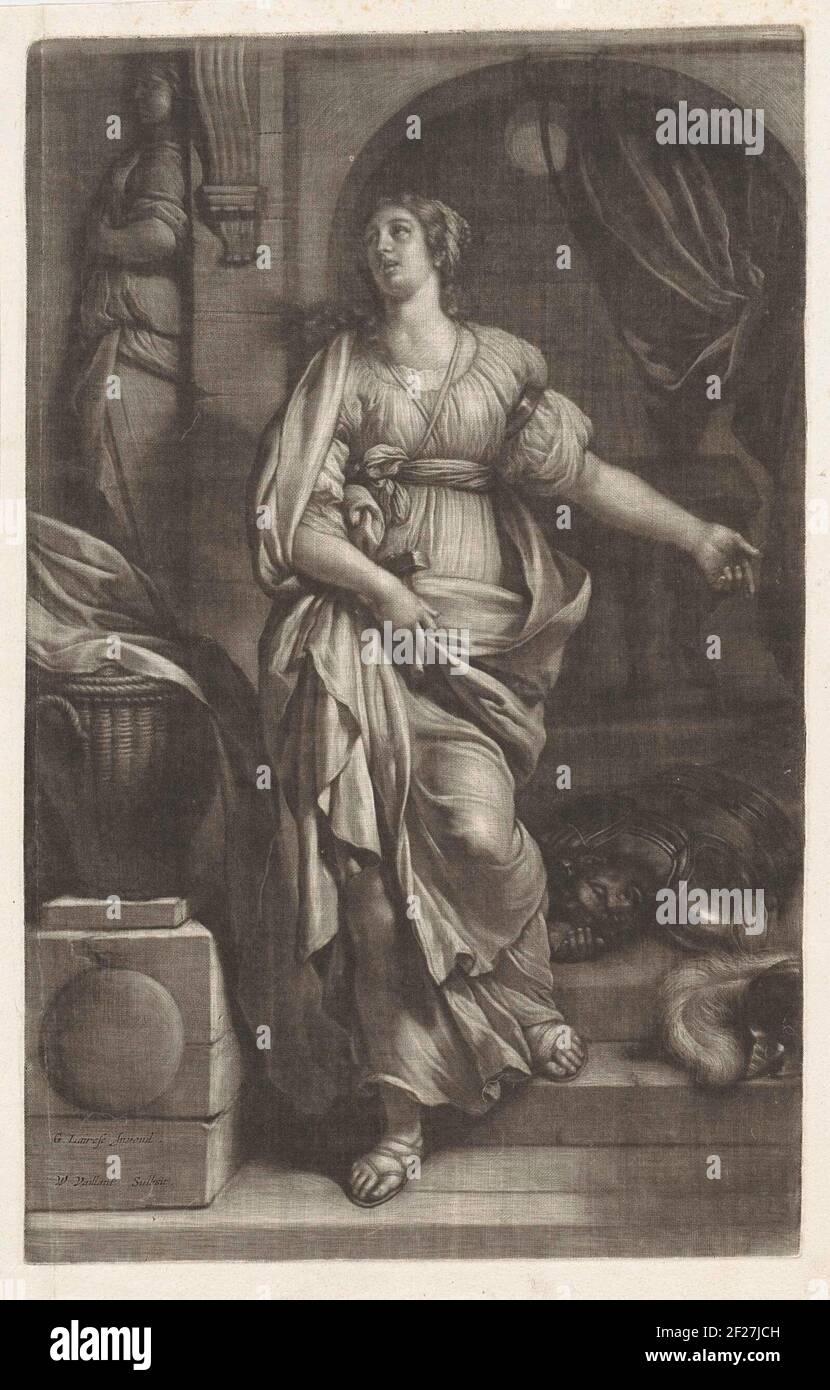 Jaël en Sisera.Jael has killed the army leader Sisera. In her hand the ...