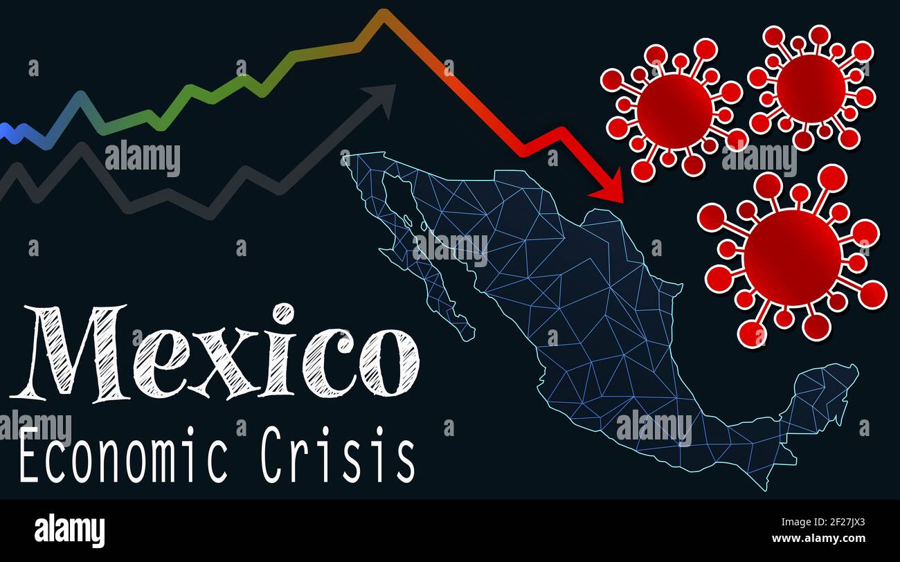 A 3d rendering of an arrow indicating economic crisis in the Mexico map ...