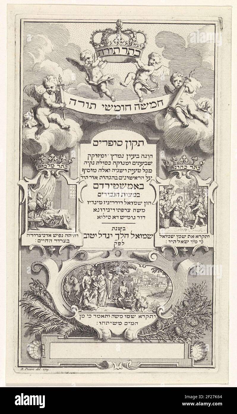 Title page with putti holding a crown and two putti with a banderole on ...