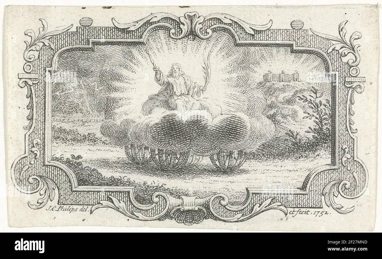 Cartouche with God the Father on a cloud, with scepter and palm branch ...