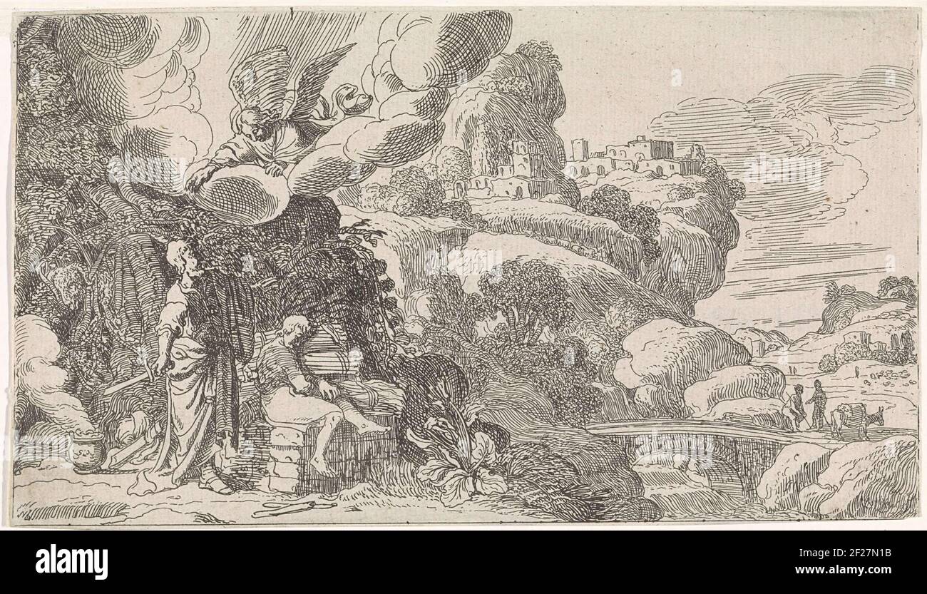 Landscape with Left in the foreground the sacrifice of Isaac. Isaac is ...