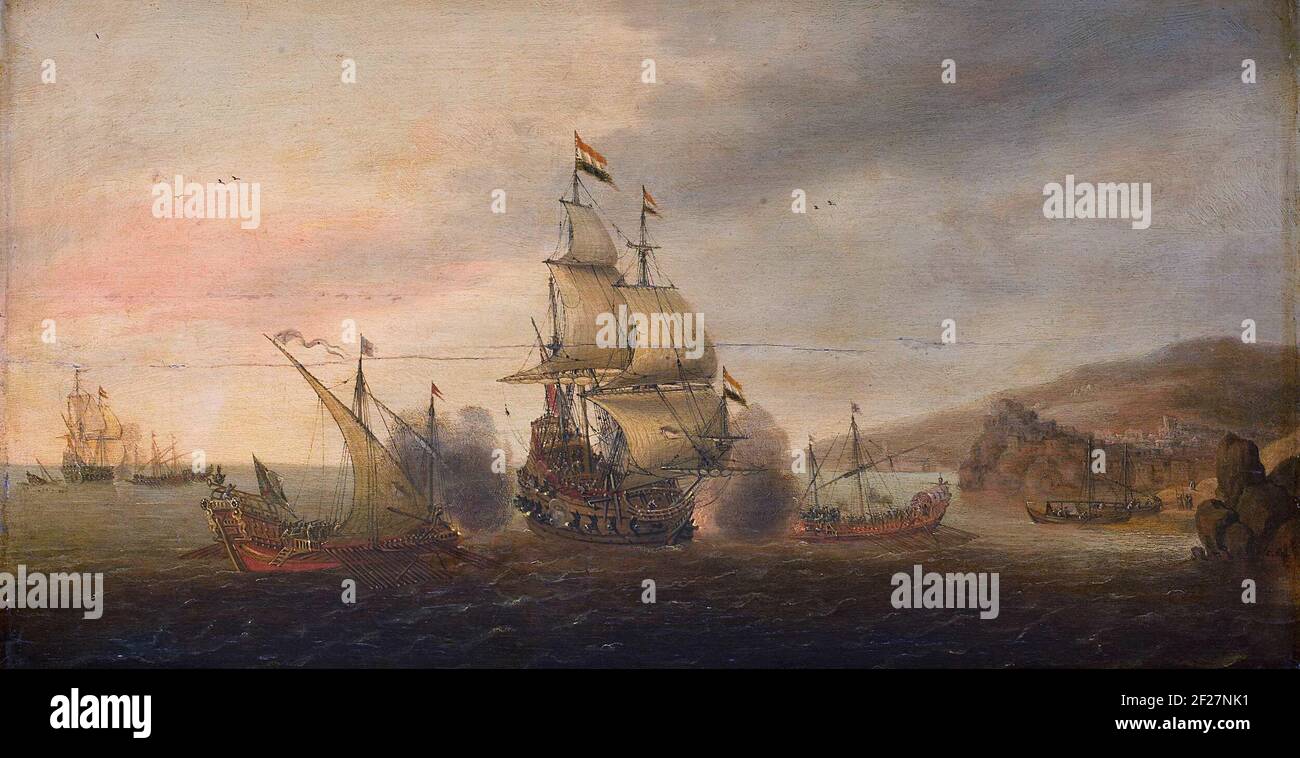 Naval Battle Between Dutch Men-of-War and Spanish GALLEYS.Sealage ...