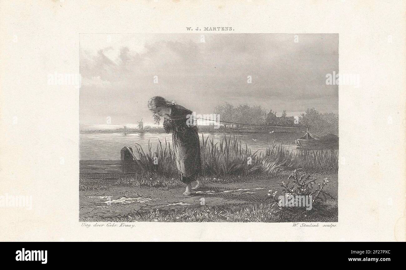 Meisje trekt een schuit.A girl runs over a towpath and pulls a pull out ...