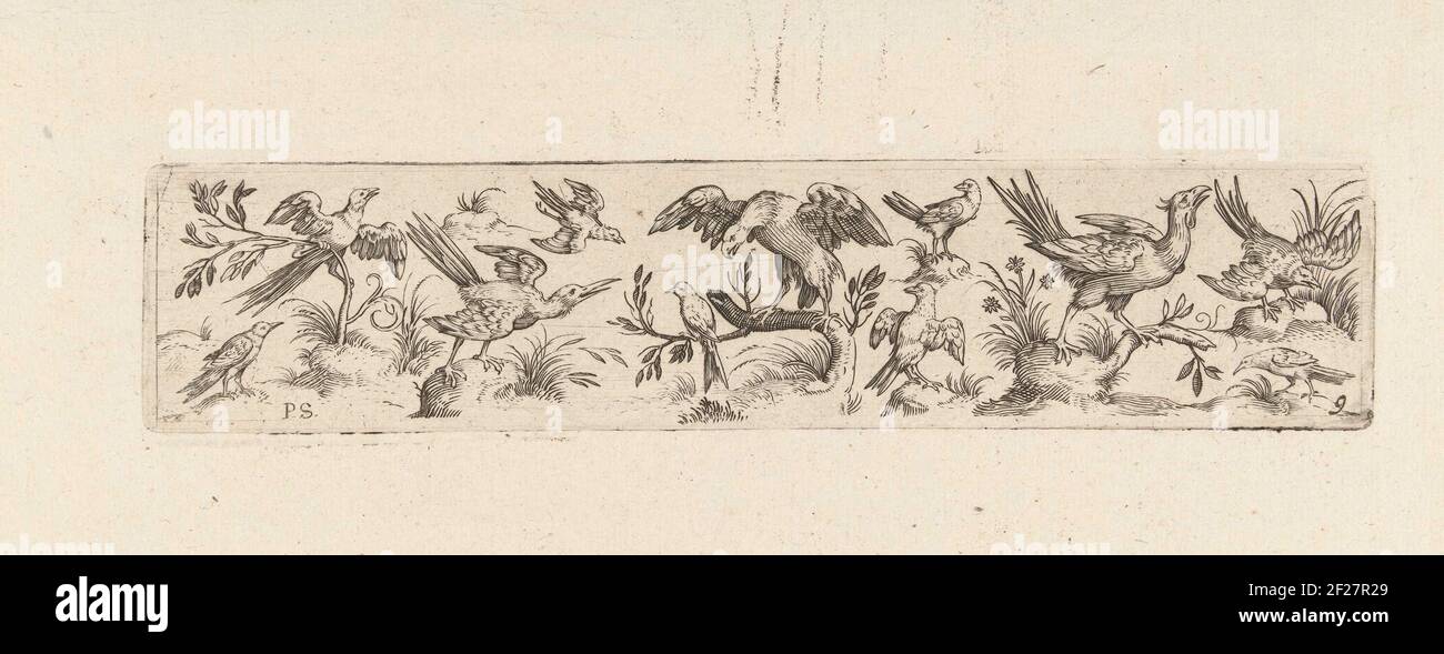 Frisian with eleven birds, in the middle is a large bird on a branch ...