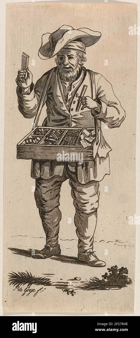 Marskramer.A skelmer with a large hat sells all kinds of baubles from a ...