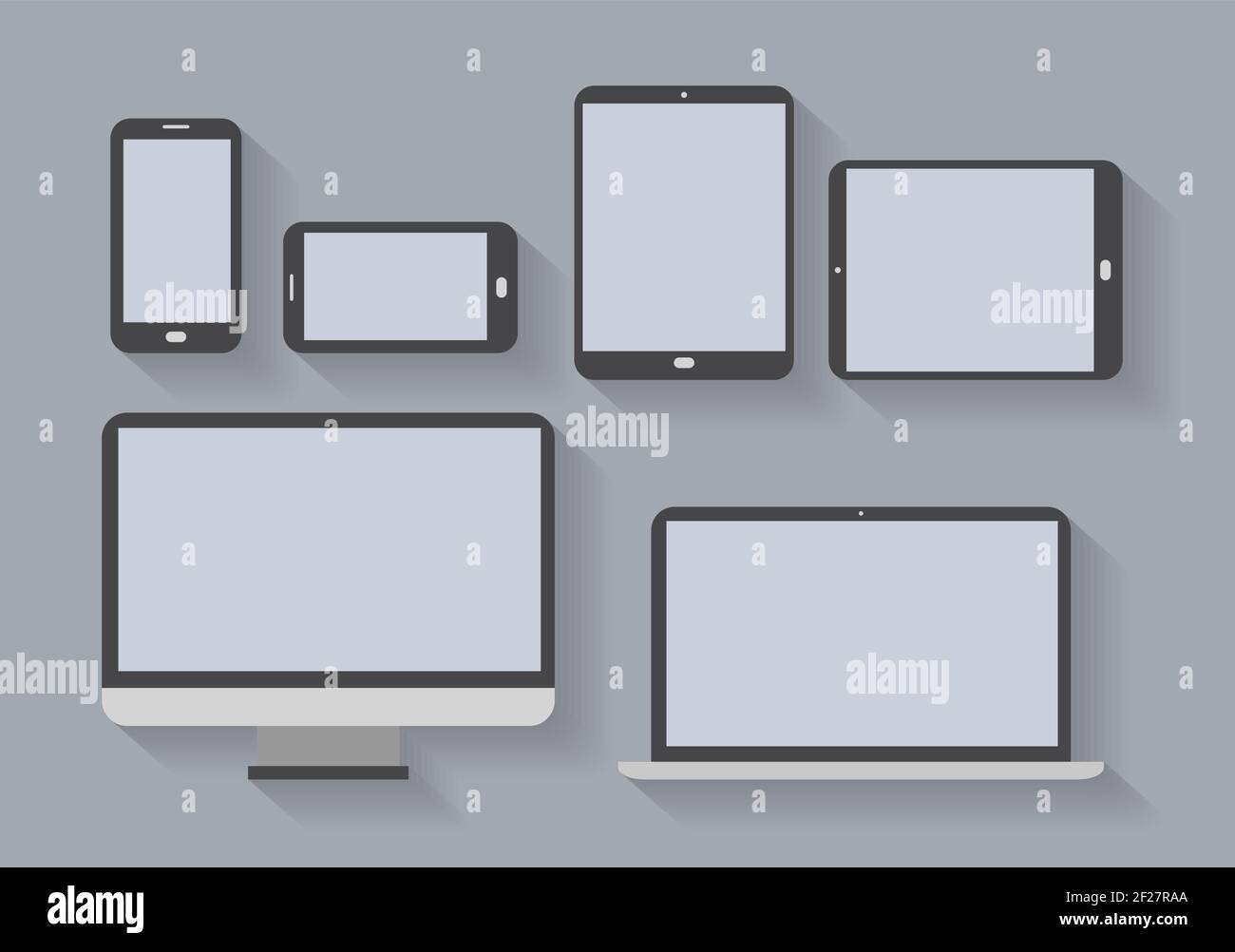 Electronic devices with blank screens. Smartphones, tablets, computer ...