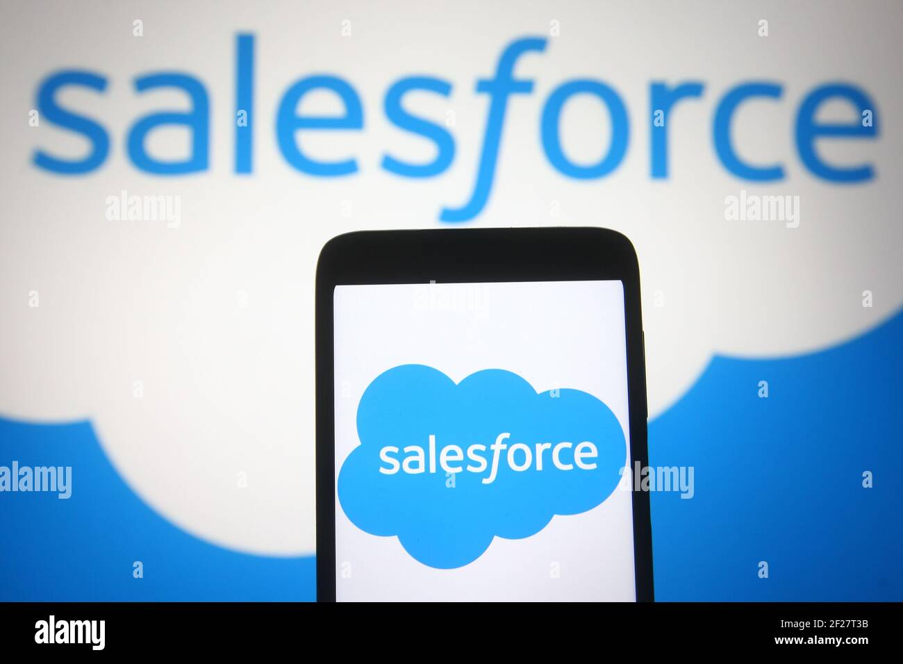 In this photo illustration, Salesforce logo seen displayed on a ...
