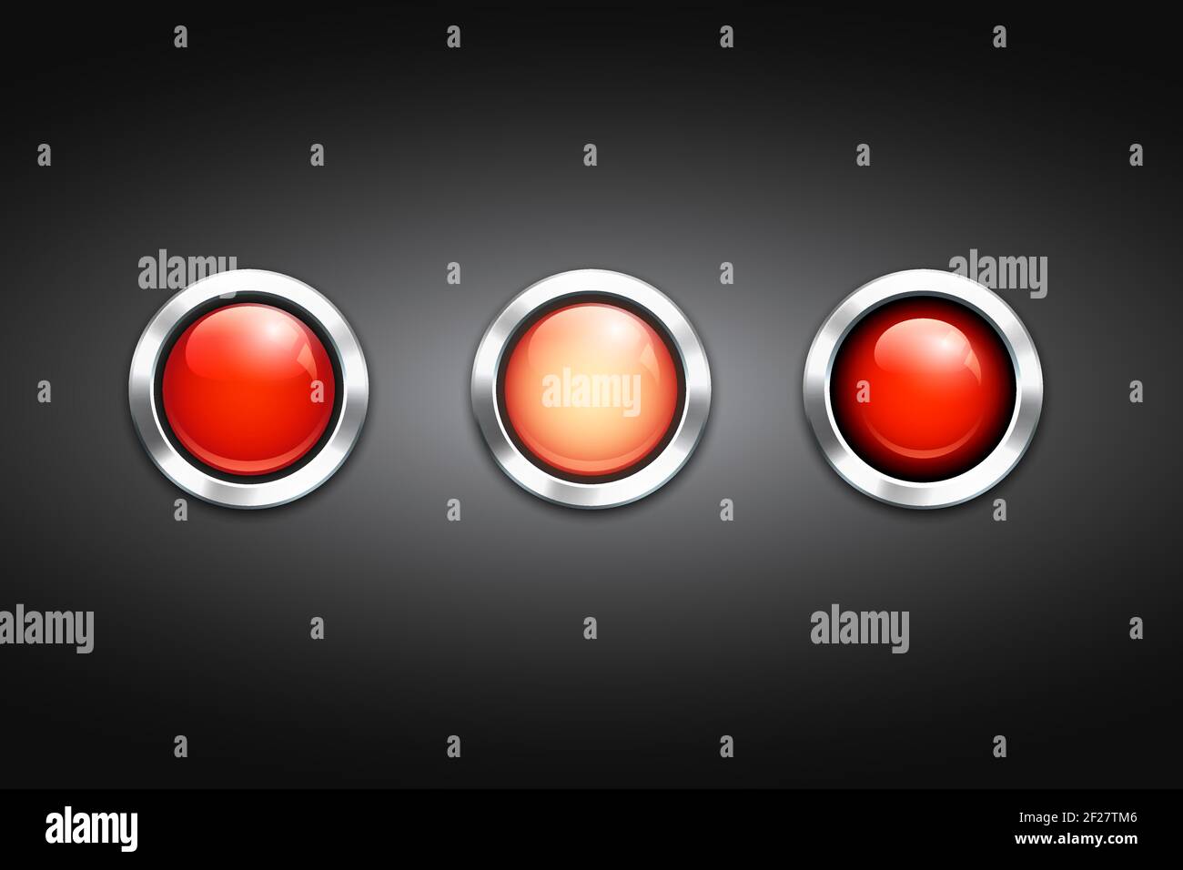 Set of three blank red buttons with shiny metal rims and reflections on ...