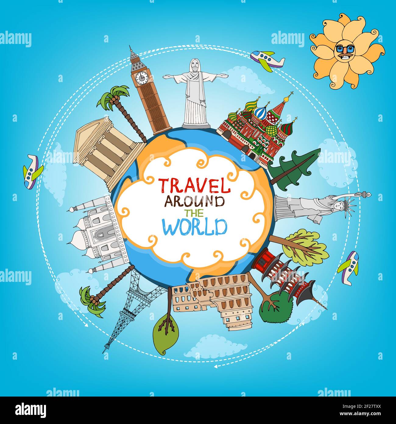 travel landmarks monuments around world with plane, sun and clouds ...