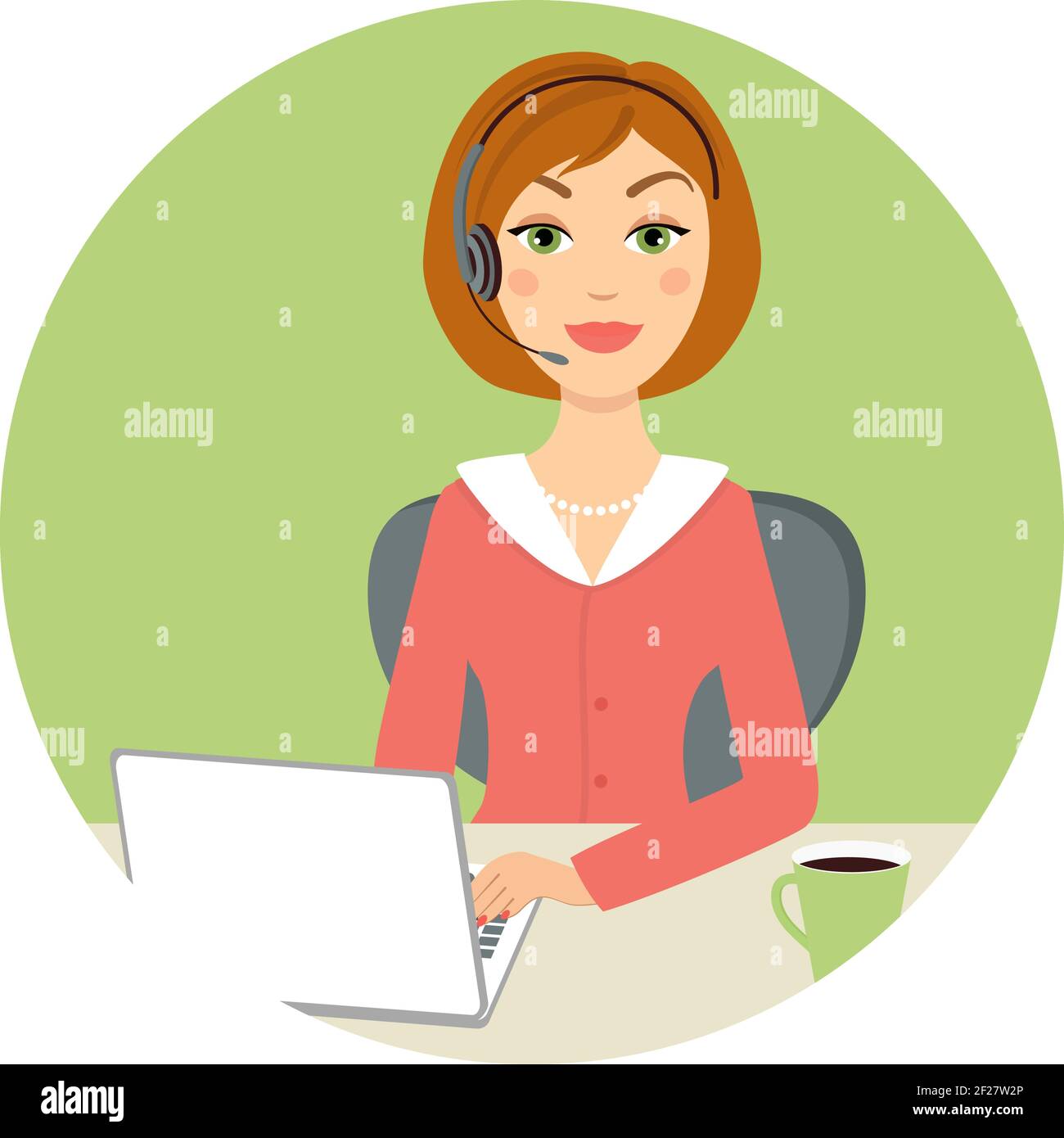 Beautiful call center woman with laptop and headset, vector eps10 illustration Stock Vector ...