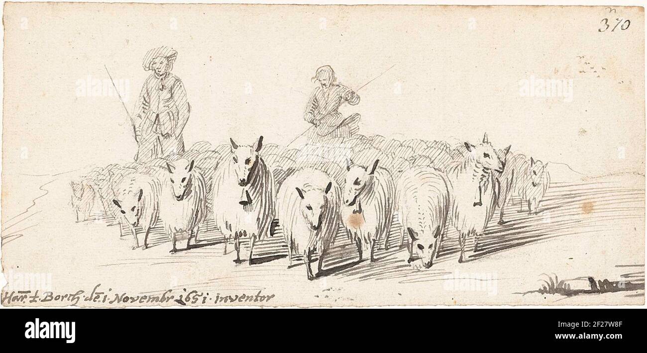 Two boys float a herd of sheep Stock Photo - Alamy