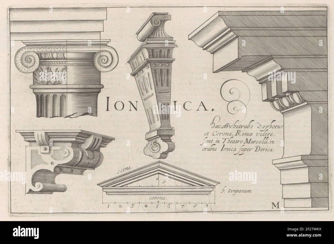 Ionisch kapiteel en hoofdgestel; Ionica; Architectura.Ionian capital ...
