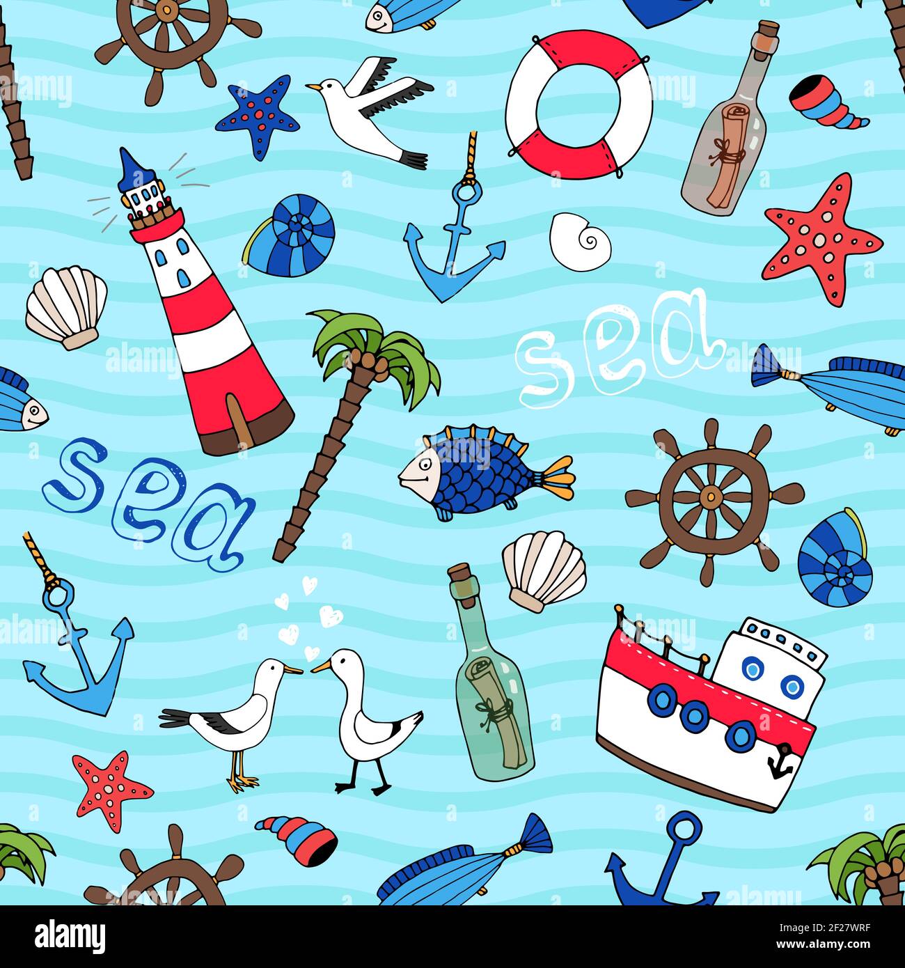 Nautical themed vector seamless pattern in retro style with a ...