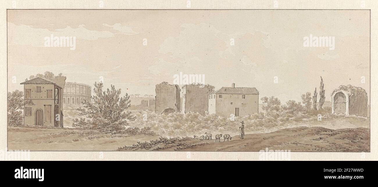 A view of Rome, with the ruins of the Baths of Titus, and the Colosseum ...