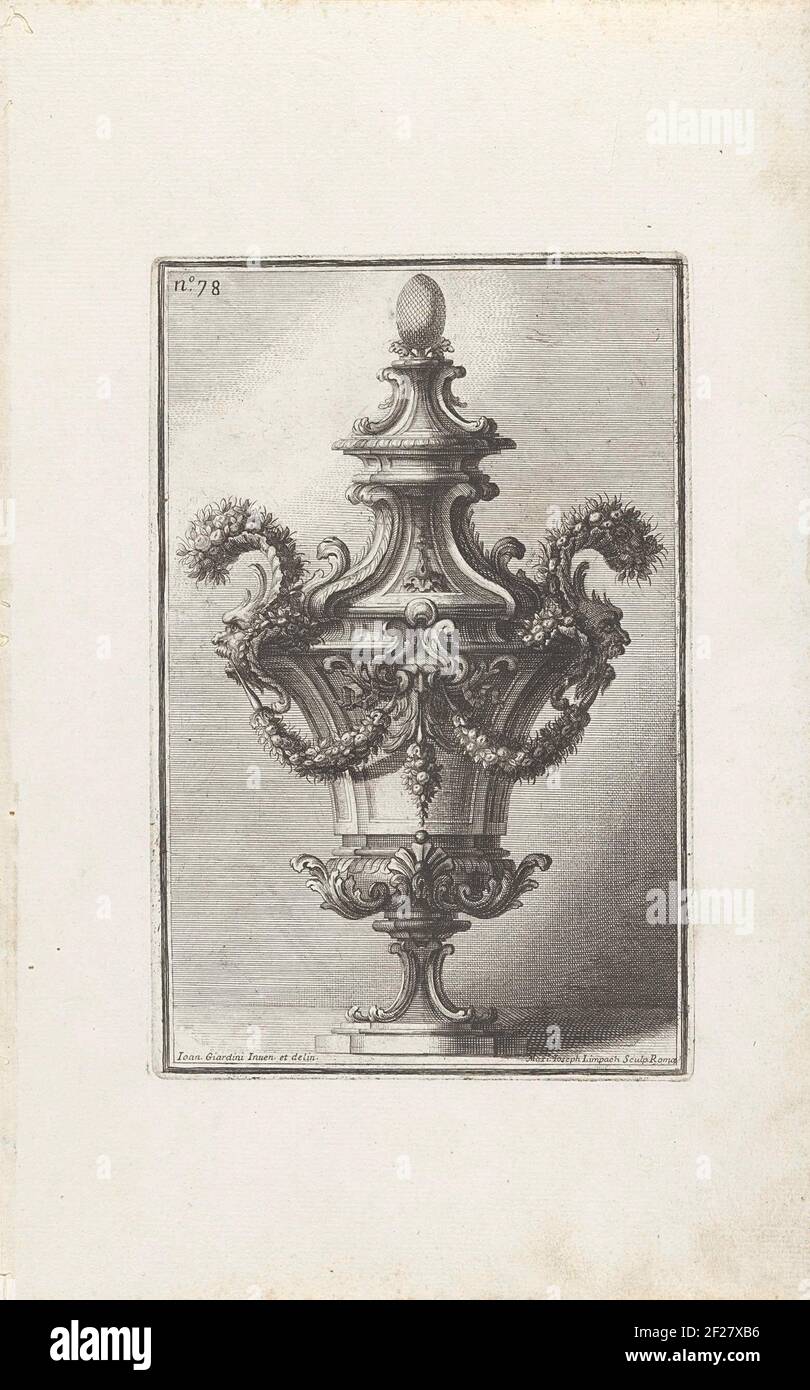 Vase with two grotesque heads and garlands with flowers and fruits ...