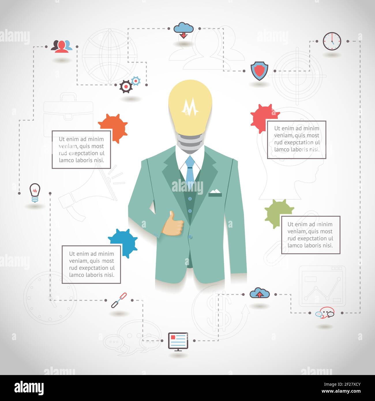Vector SEO Infographic with man in suit with light bulb head and text ...