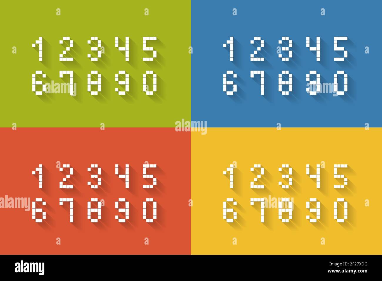 Set of flat pixel numbers on four different color backgrounds complete ...