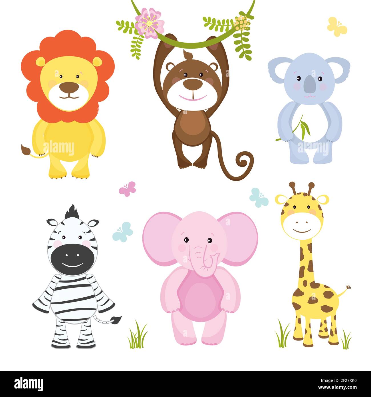 Set of cute vector cartoon wild animals with a monkey hanging from a ...