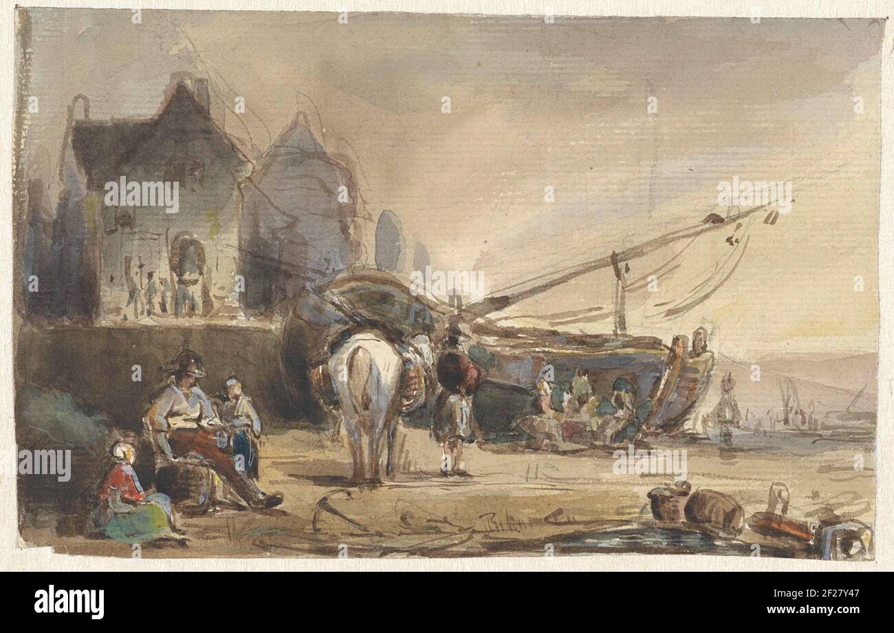 Beach face with boats and fishermen Stock Photo - Alamy