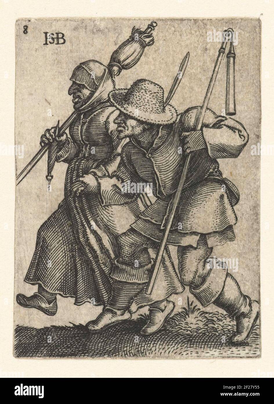 Dansend boerenpaar; Boerenfeest.Dancing farmer's couple, he with a ...