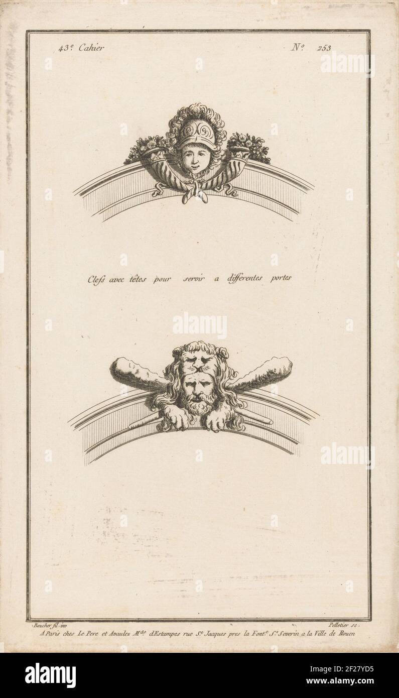 Sluitstenen met Minerva en Hercules; Clefs avec têtes pour servir a ...