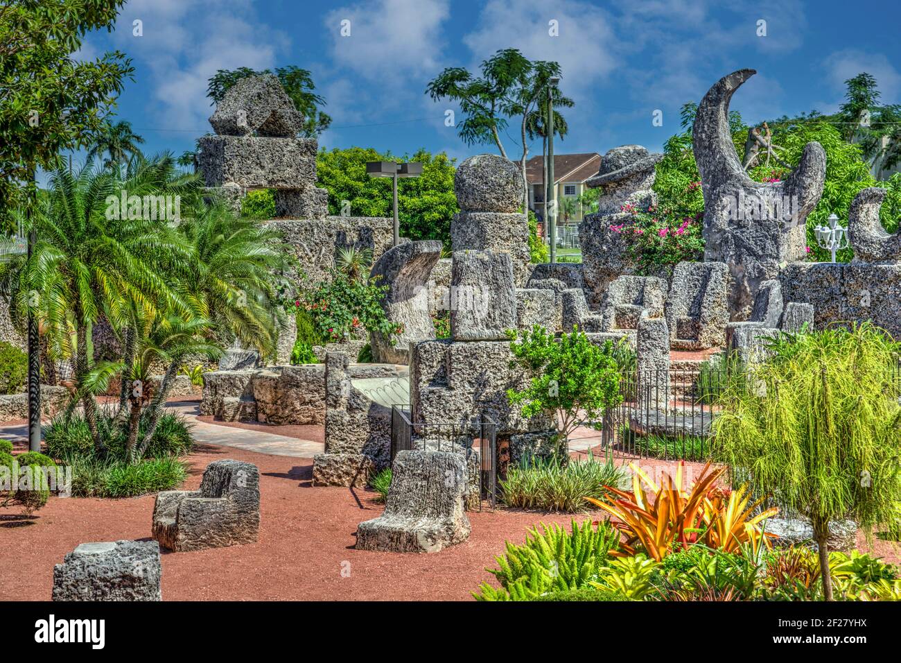 A view of the stone carvings within the mysterious Coral Castle located ...