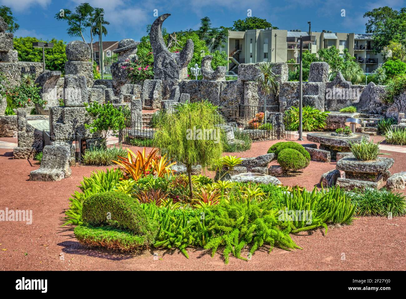 A view of the stone carvings within the mysterious Coral Castle located ...