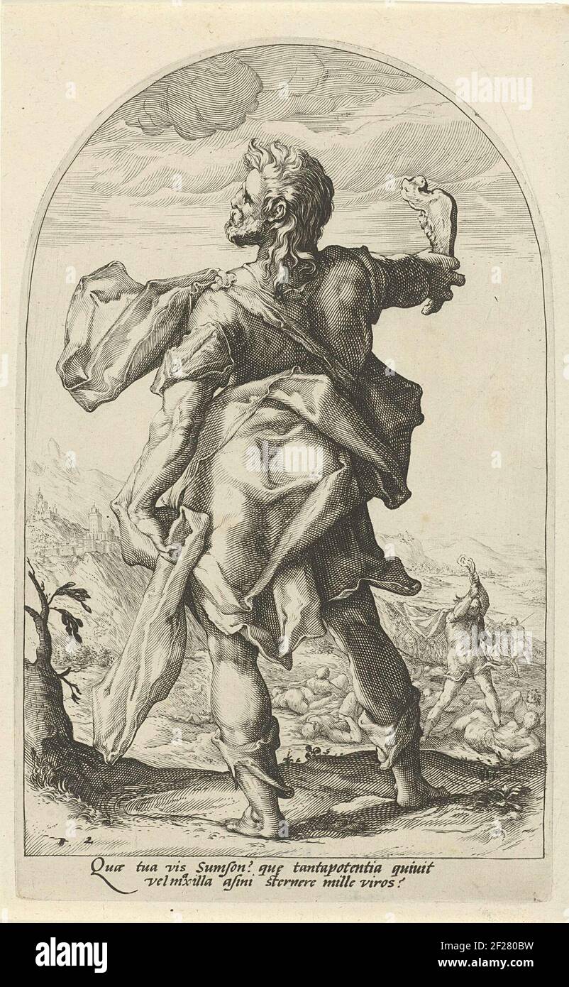 Simson with a donkey jaw in his hand. In the background the scene in ...