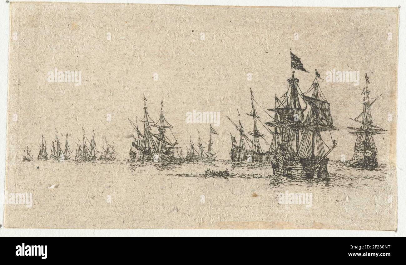 Kleine zeegezicht met een vloot van schepen.Seascape, right a three ...