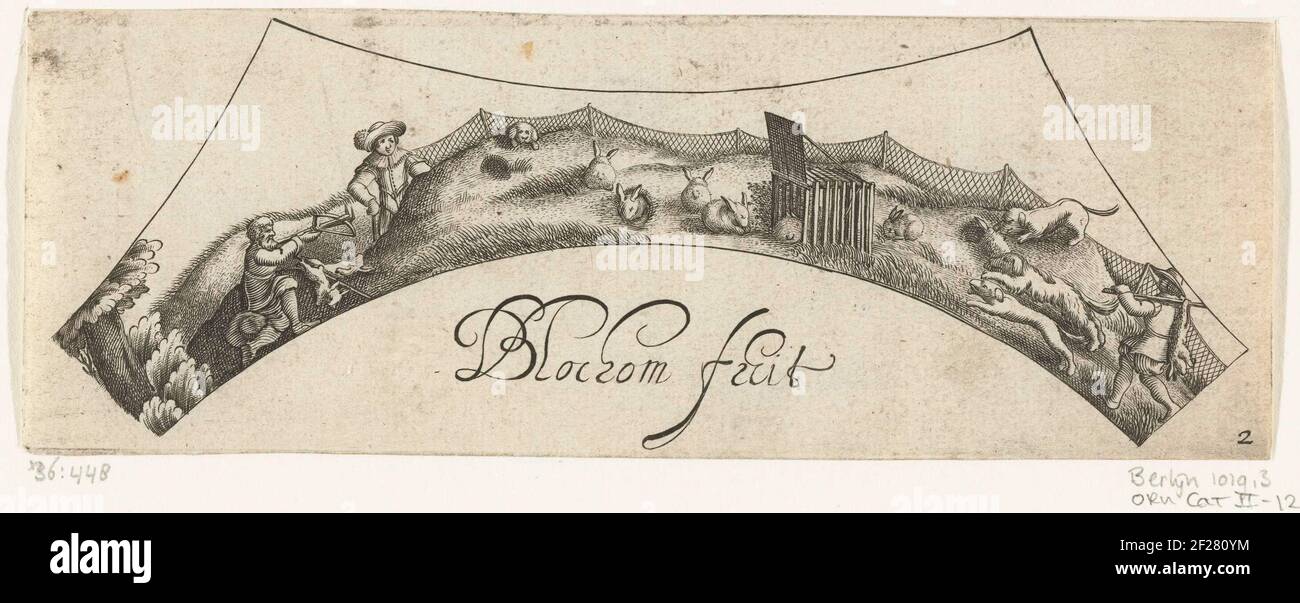 Rabbit hunting; Parts of edge of octagonal board with yacht scenes ...