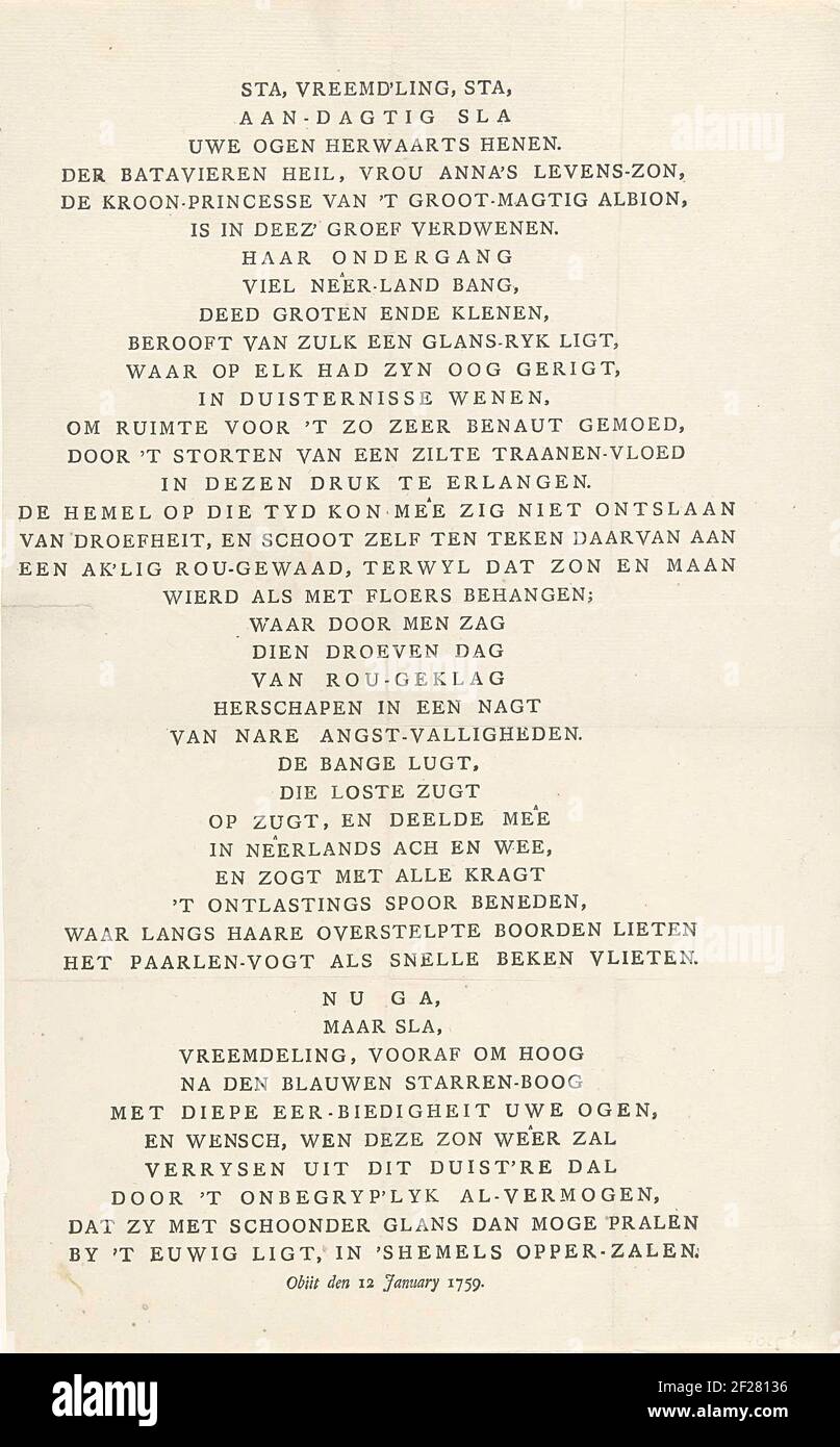 Fresh on the death of Princess Anna van Hannover, 1759.text Sheet with ...