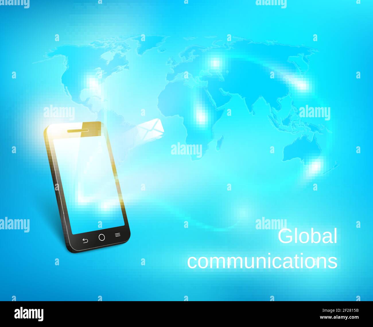 Smart phone sending out message on blue world map background Stock ...