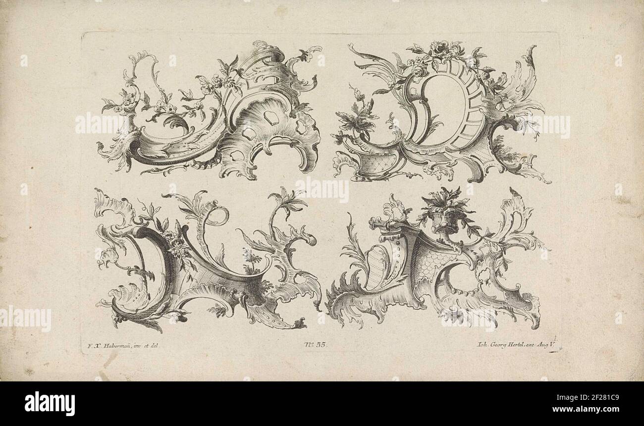 Rocailles met bloemen.Four rocaille ornaments with floral motifs ...