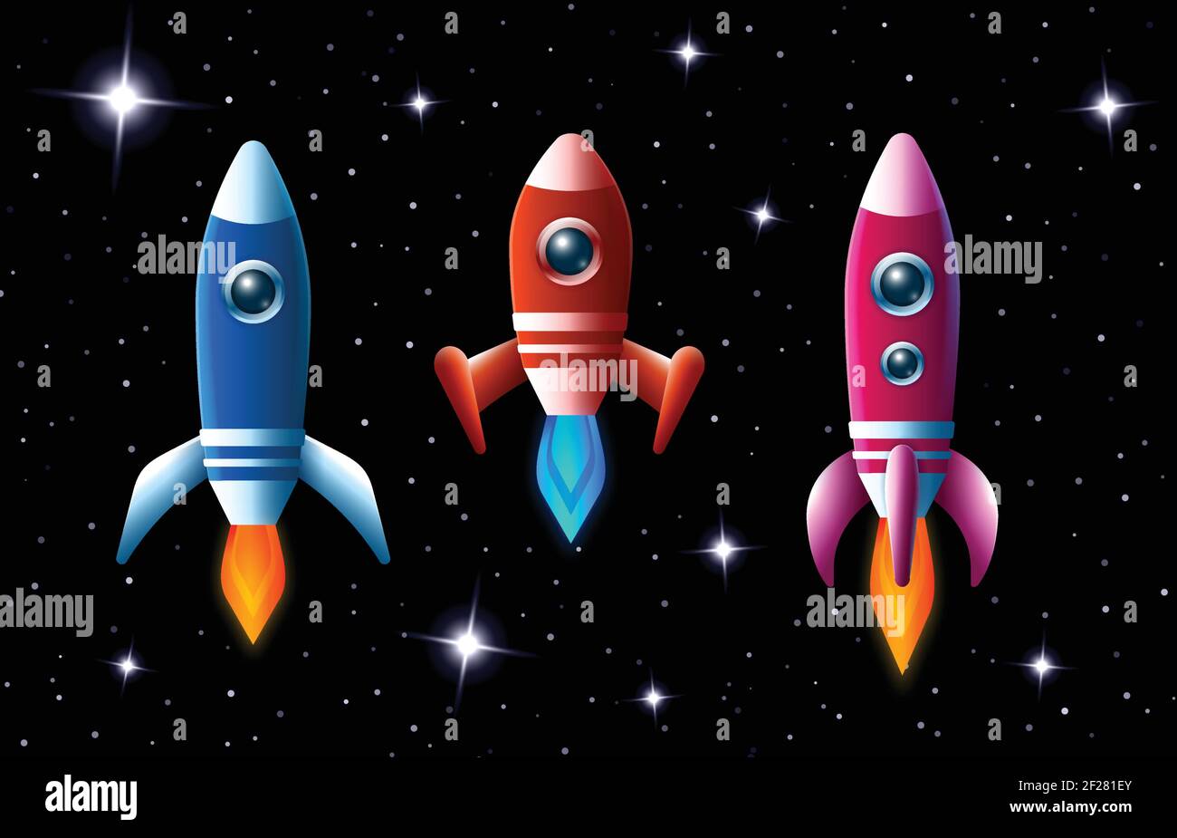 Three brightly colored vector rockets in outer space with turbo boost ...
