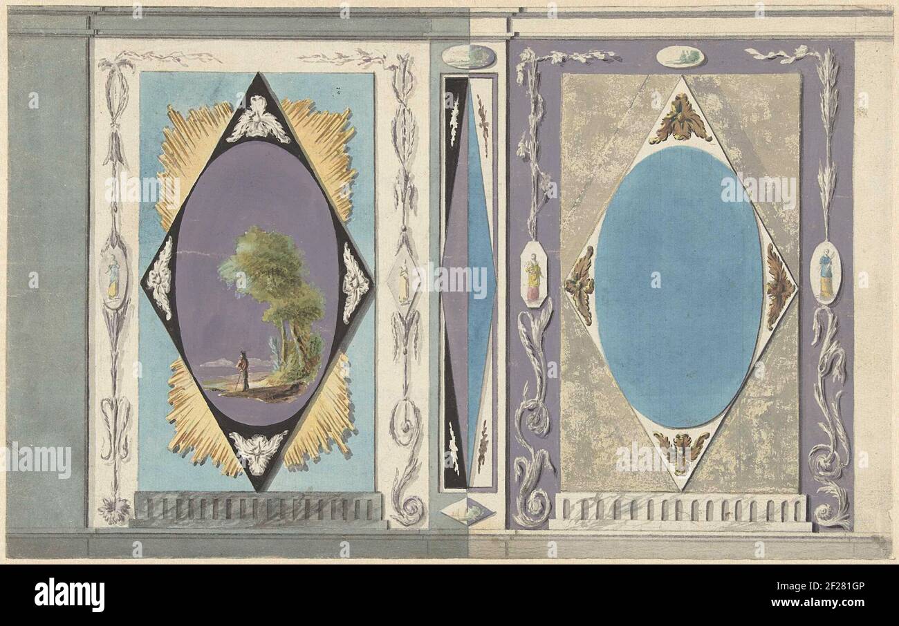 Design for room decorations with two panels with an oval in a window ...