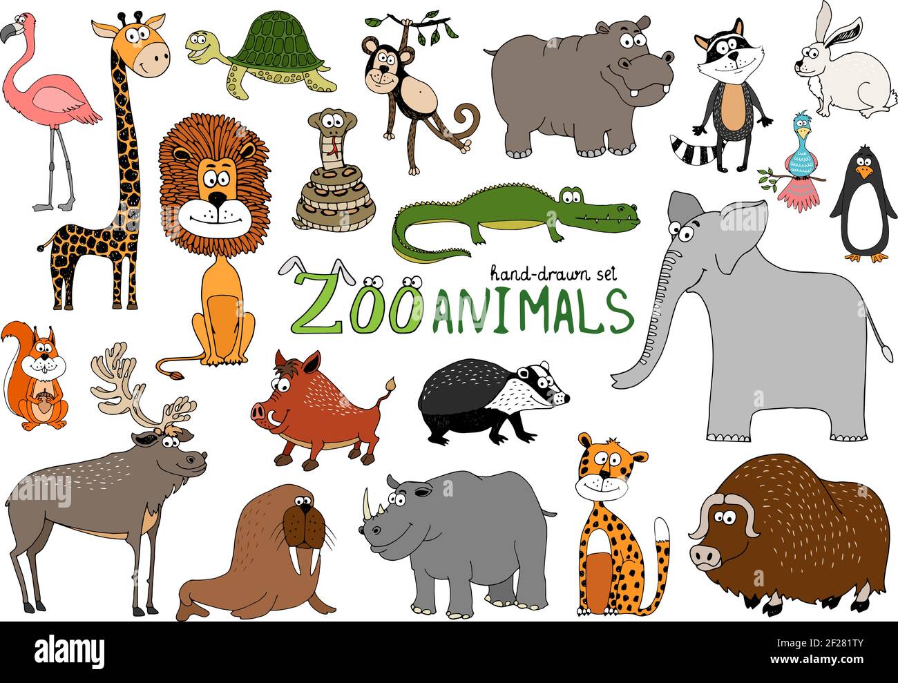 Set of hand-drawn zoo animals on white with a flamingo lion rhino ...