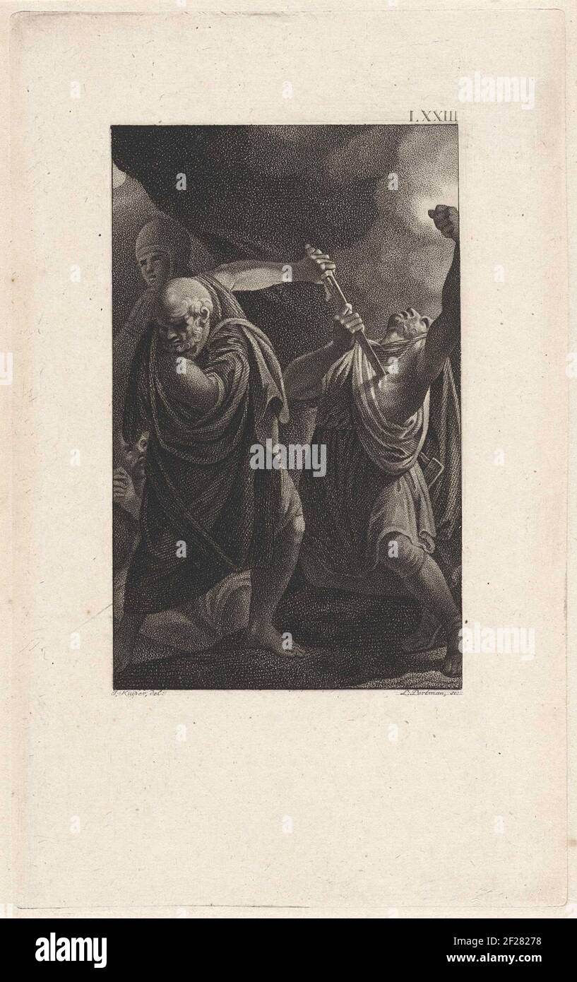 Dood van Marcus Junius Brutus.Brutus is stabbed to death by one of his ...