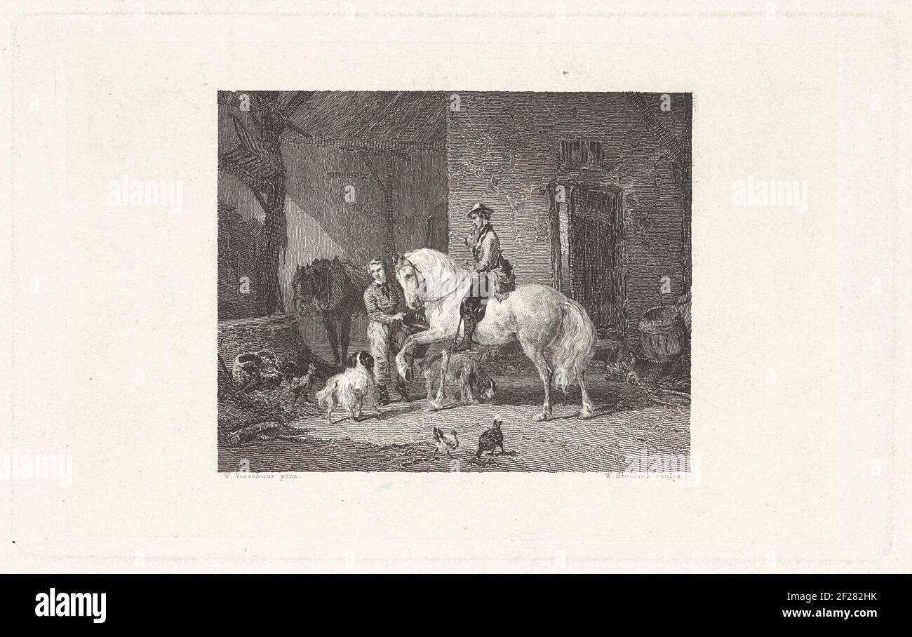 Man te paard in een stal.A man is sitting on a horse in a stable. A ...